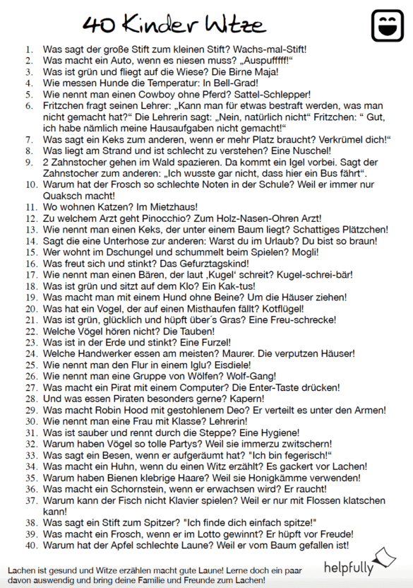 Witze für Kinder - Liste mit 40 Witzen PDF - helpfully.de