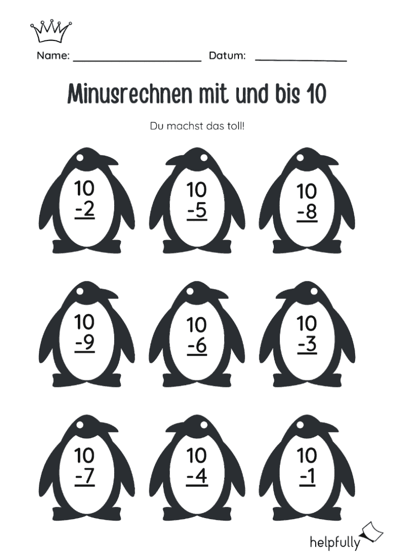 Übungsblatt - Minusrechnen "Zahlenraum mit und bis 10" Gratis-PDF