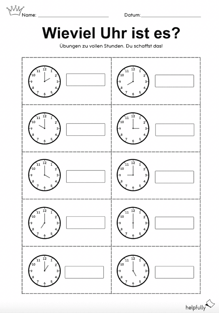Übungsblatt "Uhrzeit lernen / volle Stunde - 1. Klasse" Gratis-PDF