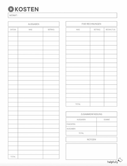 Tabelle - Liste Kostenaufstellung "Haushaltsbuch" (A4 Vorlage) PDF ...