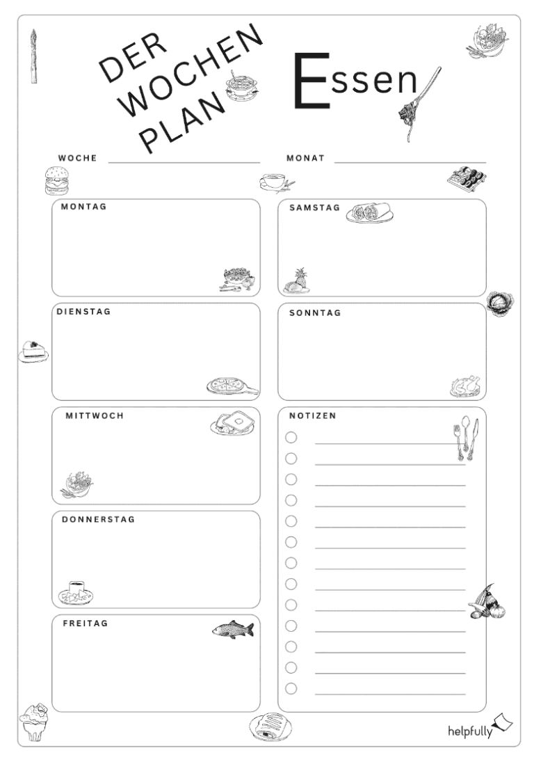 Wochenplan "Essen" (Blanko-Vorlage) Gratis-PDF ausdrucken - helpfully.de