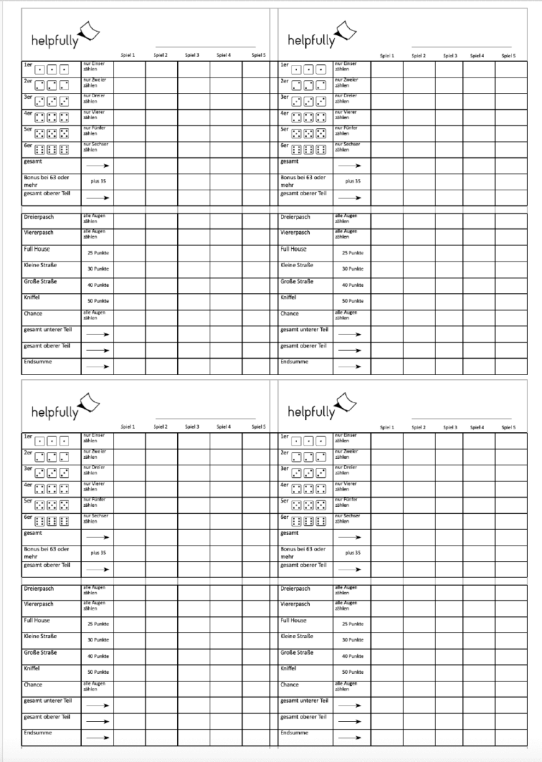Vorlage für Kniffel/Knobel "Spielzettel 4-fach" (A4-PDF) Gratis-PDF