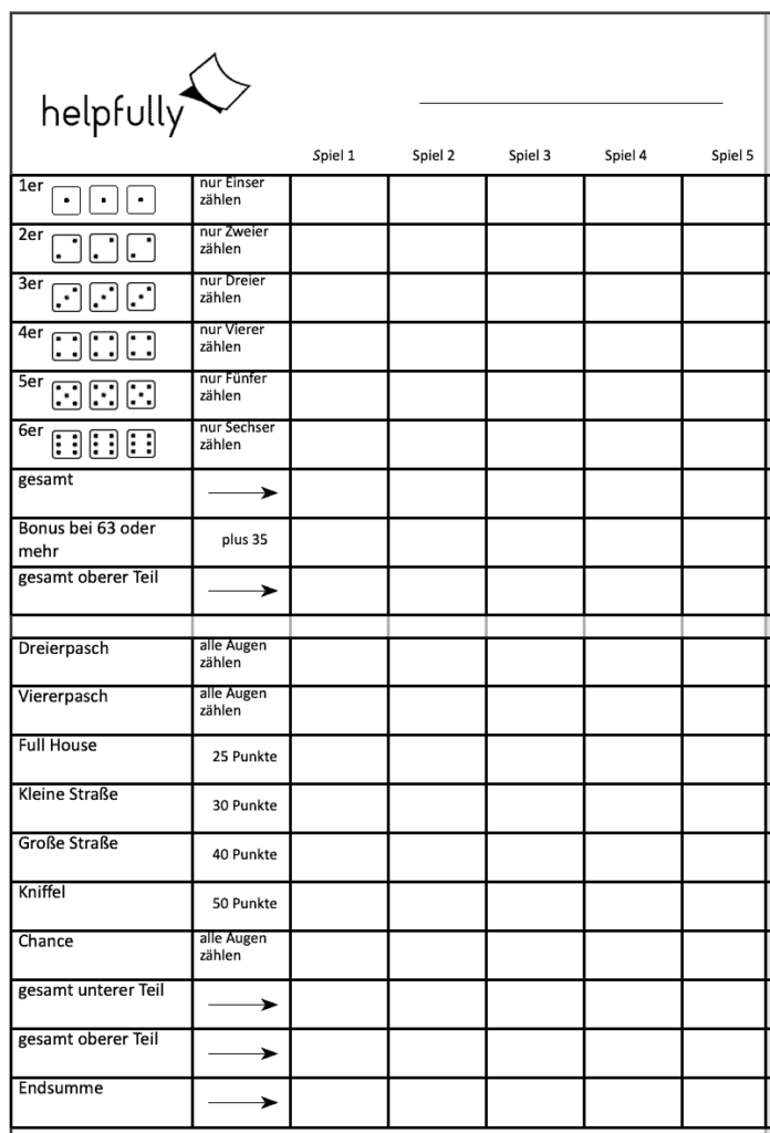 Vorlage für Kniffel/Knobel "Spielzettel - groß" (A4-PDF) Gratis-PDF