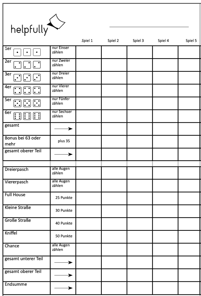 Vorlage für Kniffel/Knobel "Spielzettel - groß" (A4-PDF) Gratis-PDF