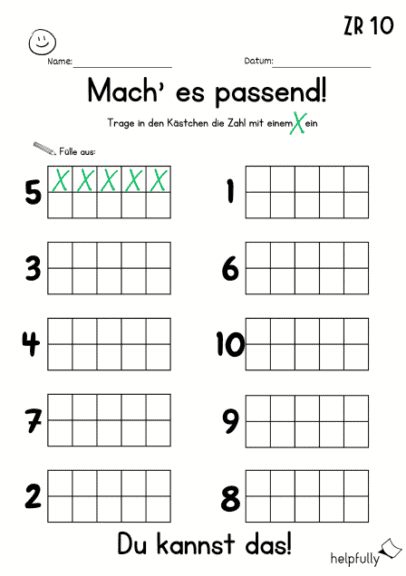 Arbeitsblatt Mathe - Zahlenreihe bis 10 "Kästchen markieren X" als PDF ...