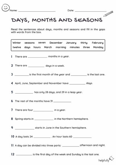 Arbeitsblatt Englisch - Lückentexte "Days, Months and Seasons" PDF ...