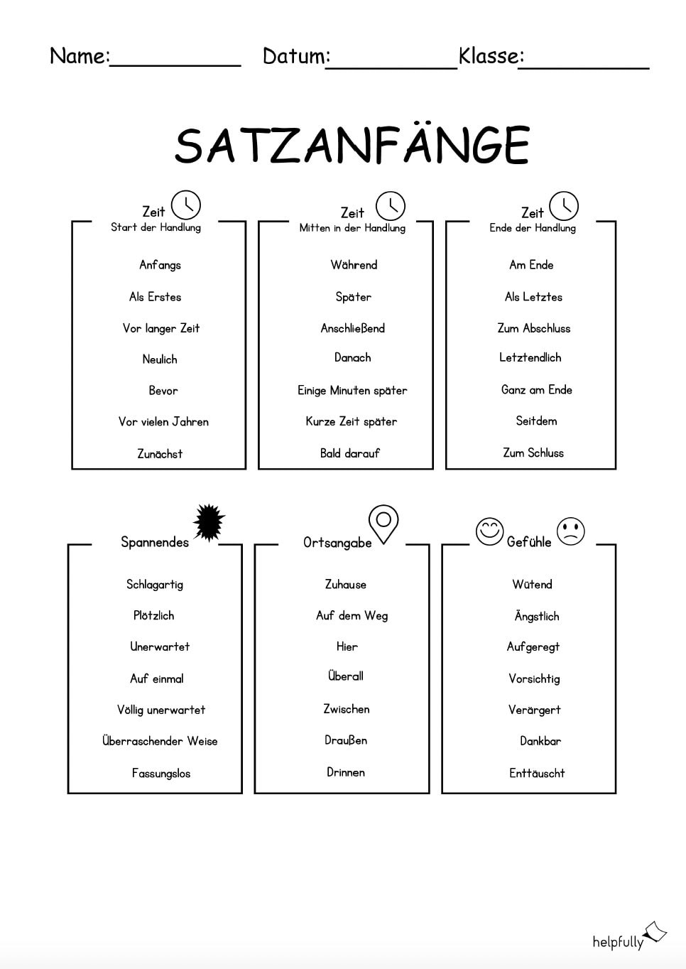 Satzanfänge - Deutsch Arbeitsblatt gratis bei helpfully.de