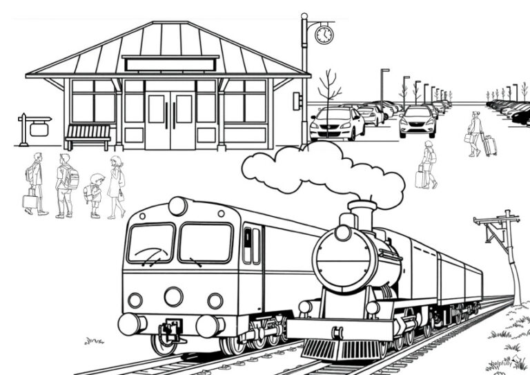 Ausmalbild "Zug + Bahnhof" Gratis-Malvorlagen | helpfully.de