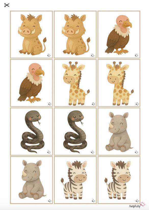 Süßes Memory-Spiel für Kinder "Afrika Tiere" gratis - helpfully.de