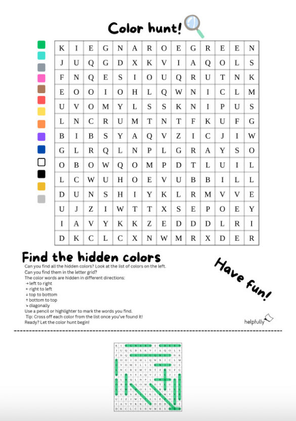 Free printable Word Serach "Color hunt" for kids - helpfully.de