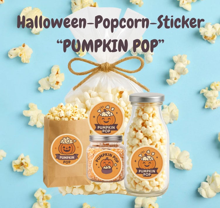 Süße Halloween-Sticker "PUMPKIN POP" für Popcorn - helpfully.de