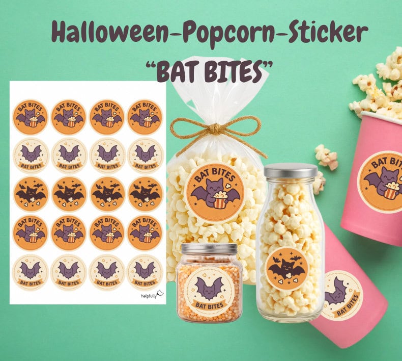 Süße Halloween-Sticker "BAT BITES" für Popcorn - helpfully.de